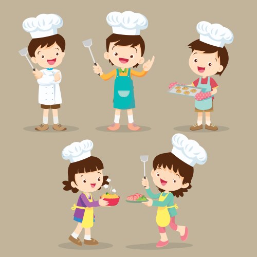 Kids characters prepare food cooking chefs Vector Image