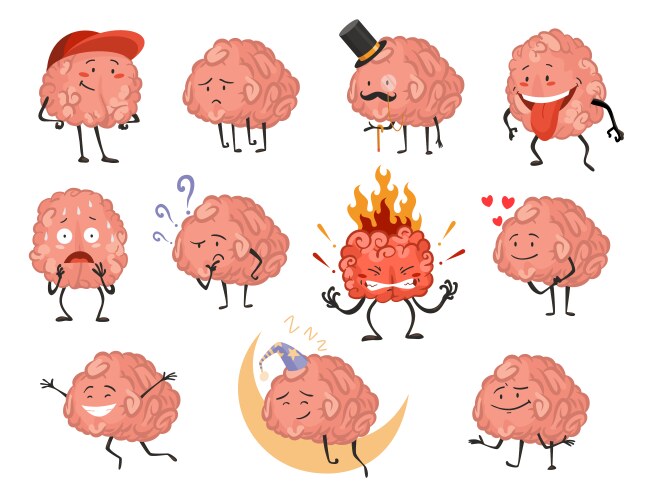 Brain character emoji emoticons set funny cartoon Vector Image