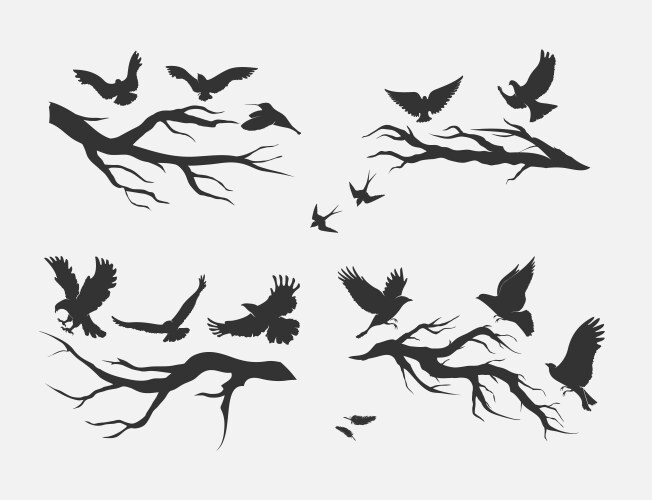 Flock of flying birds on tree branch with leafs Vector Image
