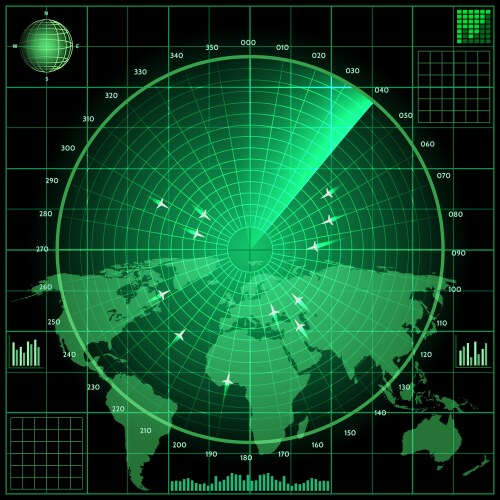 Radar screen with world map Royalty Free Vector Image