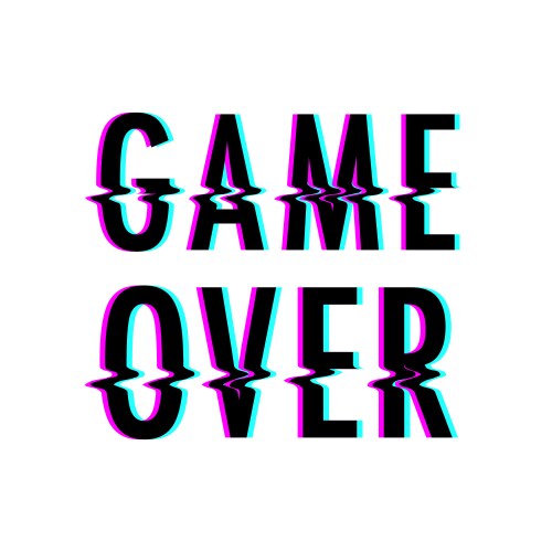 Pixel game over text with three hearts Royalty Free Vector