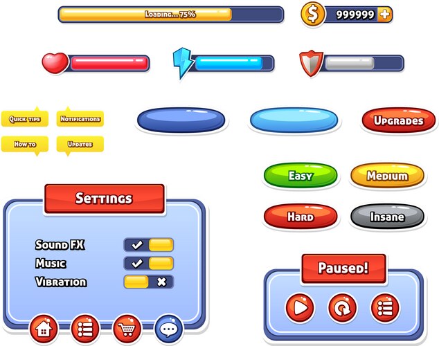 Computer game menu navigation objects collection Vector Image