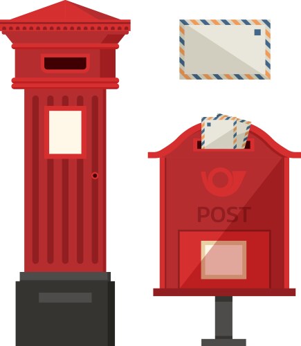 Set of classic red mailboxes with mail and letters