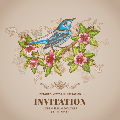Vintage spring card with bird and flowers Vector Image