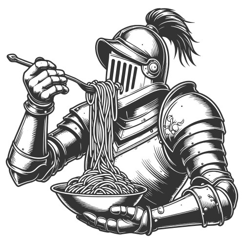Medieval knight eating burger engraving Royalty Free Vector