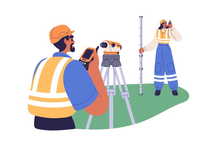 Surveyor engineers work with total station Vector Image