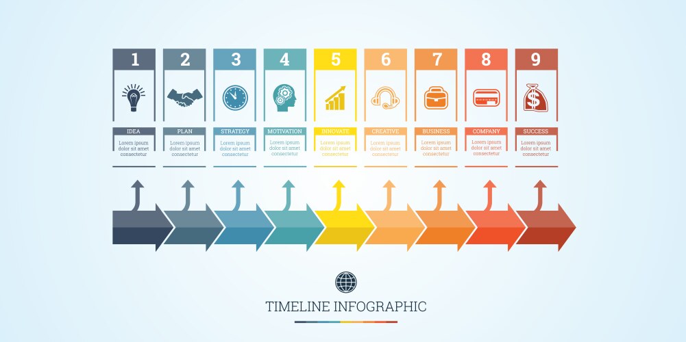 Arrows shaped timeline infographic template 6 Vector Image