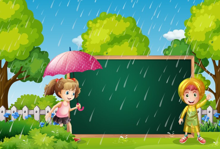 Three kids in the rain Royalty Free Vector Image