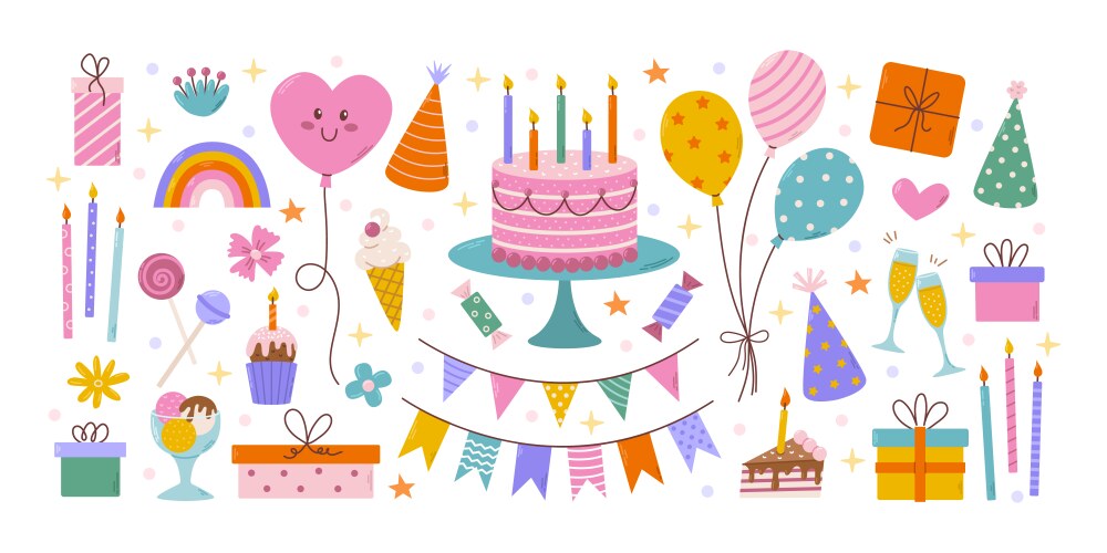 Cartoon birthday party decorations gifts presents Vector Image