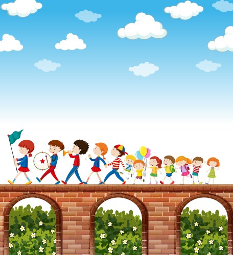 Cartoon kids marching band parade child musicians Vector Image
