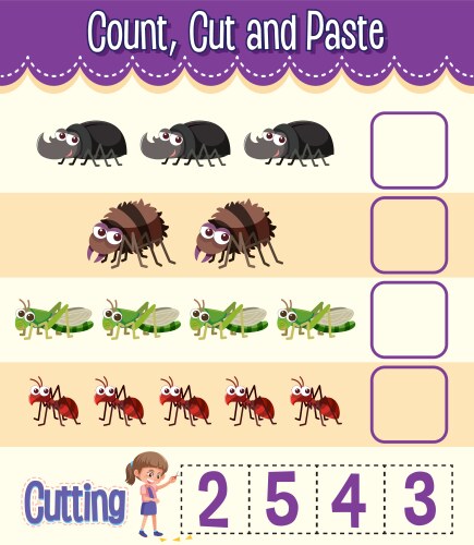 Count cut and paste maths worksheet for children Vector Image