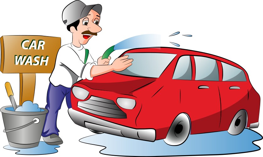 Funny men and boy washing red car cartoon Vector Image