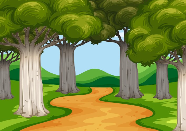 Cartoon of forest scene with dirt road Royalty Free Vector