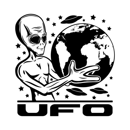 Cartoon alien overlooking planet earth Royalty Free Vector