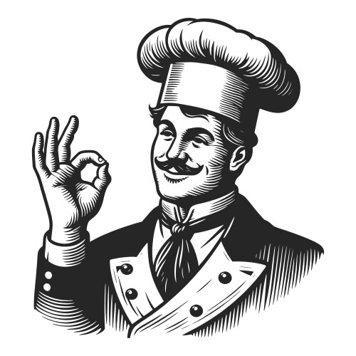 Chef gesturing perfect taste engraving Royalty Free Vector