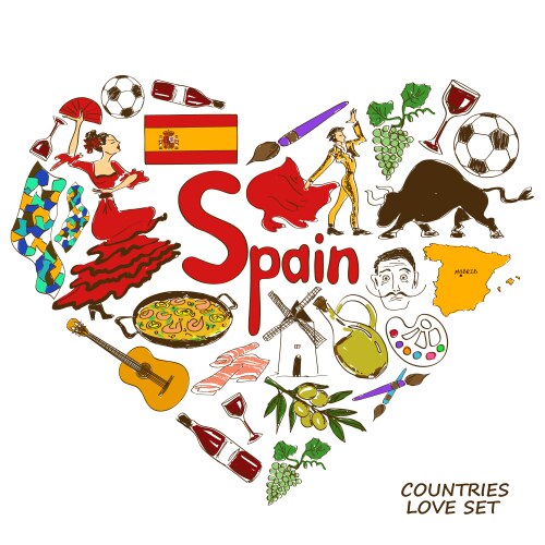 Symbols of spain in heart shape Royalty Free Vector Image