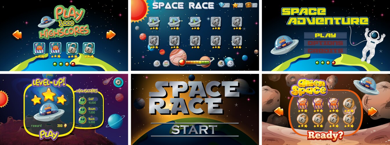 Gui app screens for space adventure game Vector Image