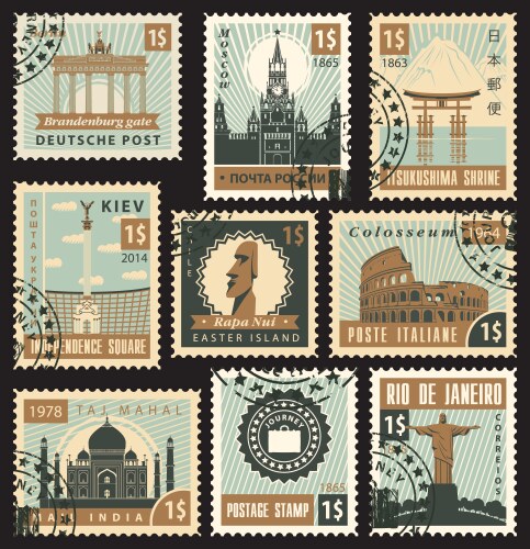 Postage stamps with line travelling city national Vector Image