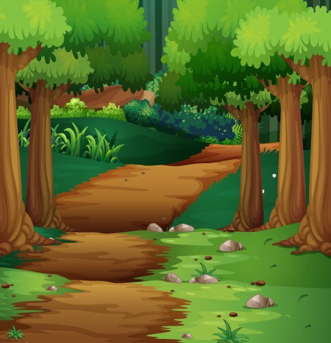 Cartoon of forest scene with dirt road Royalty Free Vector