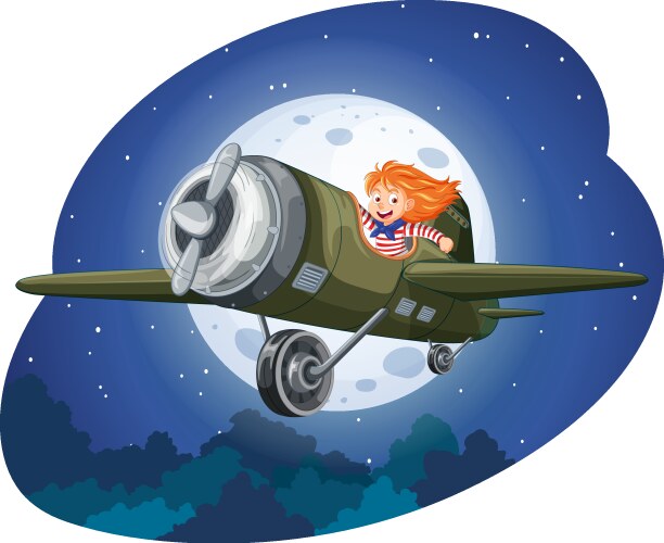 Happy girl riding a plane at night Royalty Free Vector Image