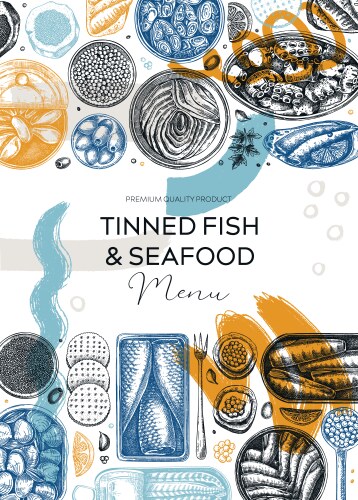 Tinned fish board frame design seafood background Vector Image