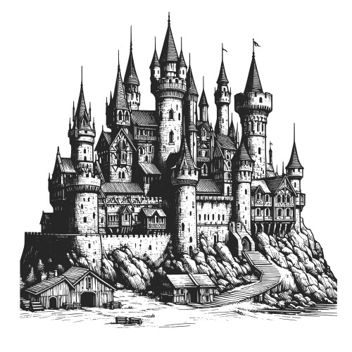 Medieval castle engraving Royalty Free Vector Image Medieval castle engraving Royalty Free Vector Image