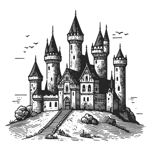 Medieval castle engraving Royalty Free Vector Image