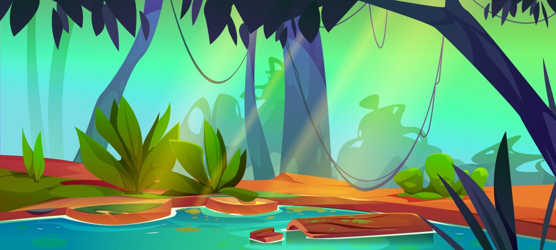 Cartoon forest river water scene background Vector Image