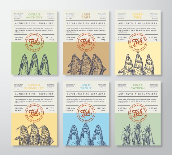 Fish seafood packaging label design Royalty Free Vector