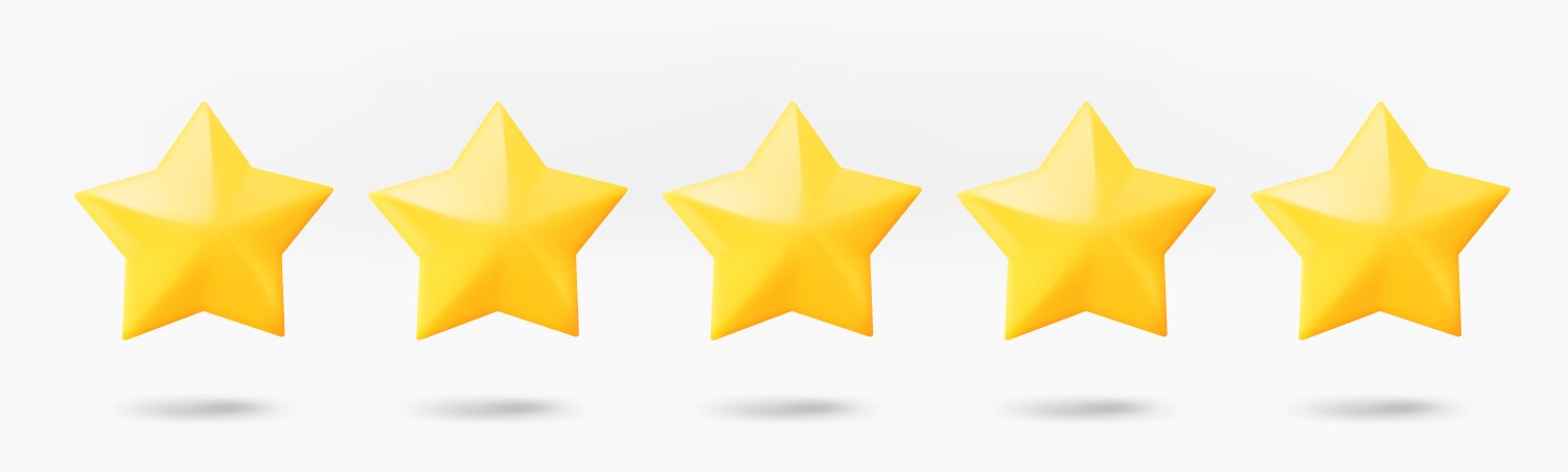 Five realistic shiny lucky stars isolated on white