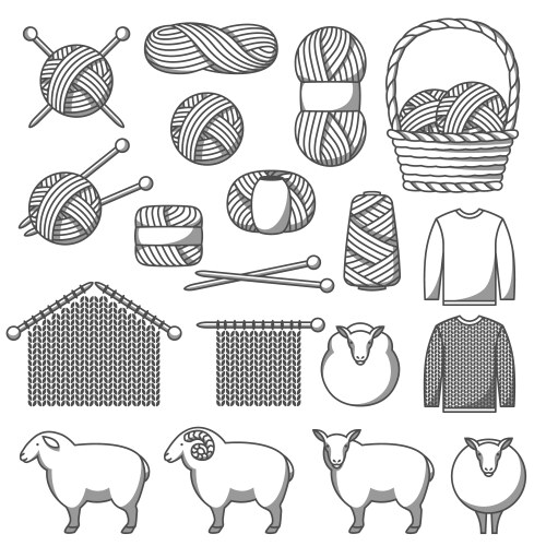 Wool knitting icons set Royalty Free Vector Image