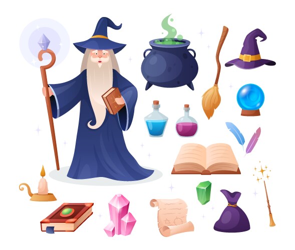 Wizard magician warlock witch tools set flat Vector Image