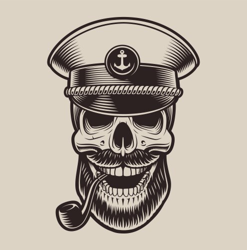 Skull captain with a pipe monochrome hand drawn Vector Image