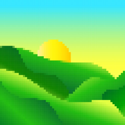 Green meadows at dawn in pixel art style rising Vector Image