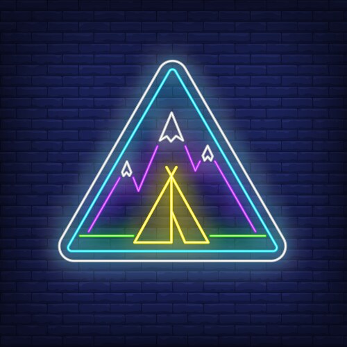 Neon camping sign with tent bonfire mountains Vector Image