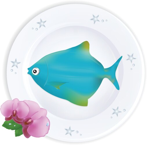 Rice and fish served on flat plate with lettuce Vector Image