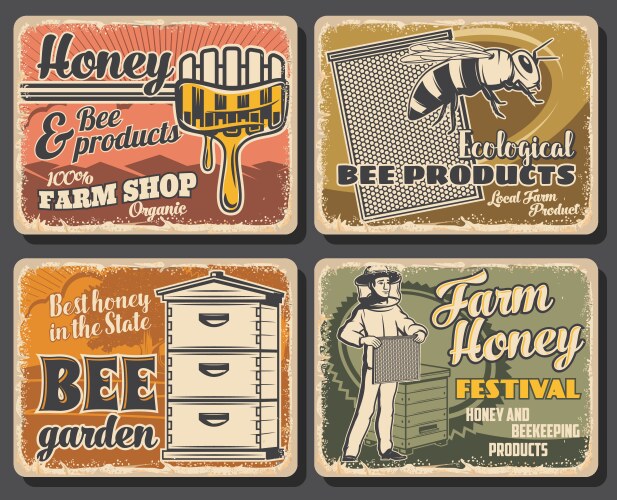 Beekeeping apiary posters retro honey honeycomb Vector Image
