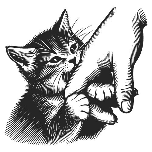 Kitten bites hand engraving sketch Royalty Free Vector Image