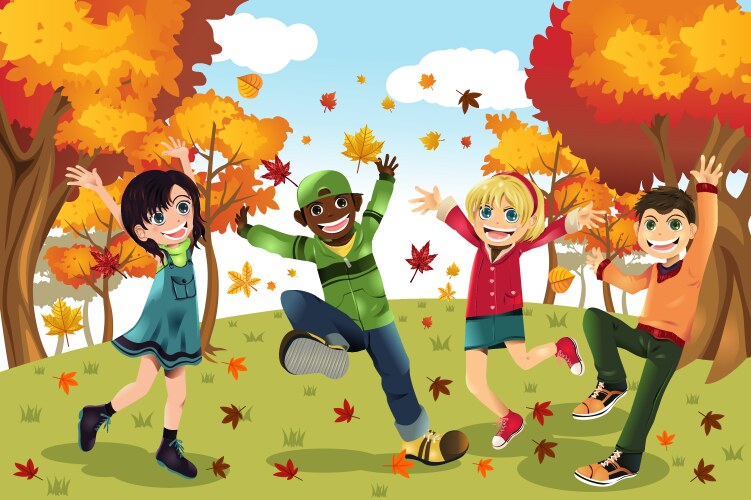 Cute two kids playing with autumn leaves Vector Image
