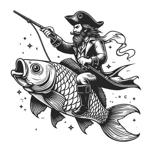 Pirate captain riding fish sketch Royalty Free Vector Image