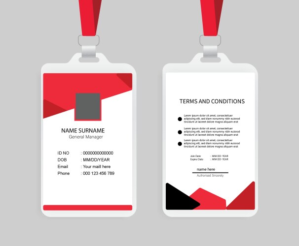 Red employee id card design template Royalty Free Vector