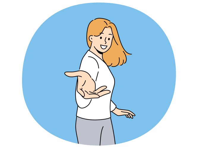 Smiling woman stretch hand inviting someone Vector Image