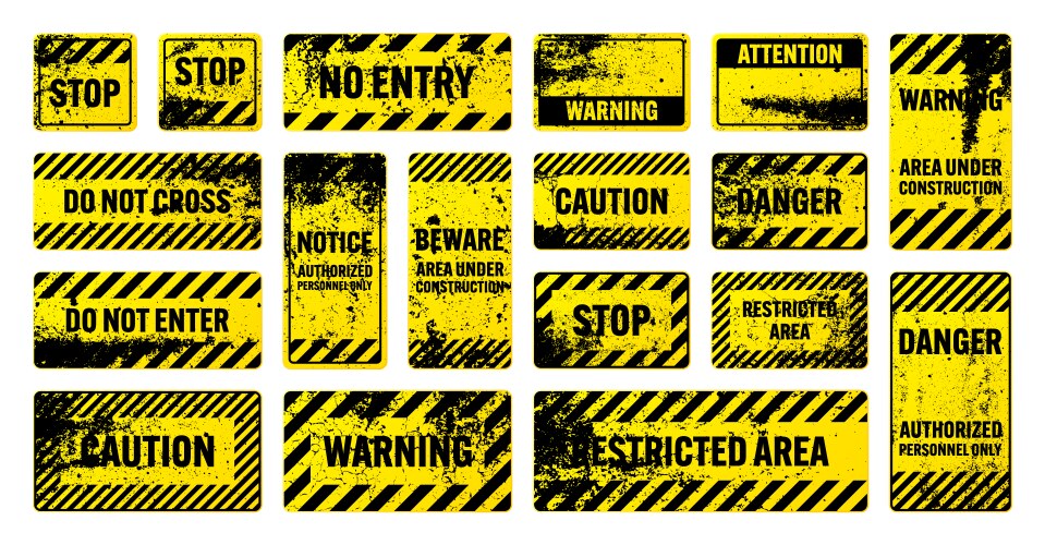 Various yellow grunge warning signs with diagonal Vector Image