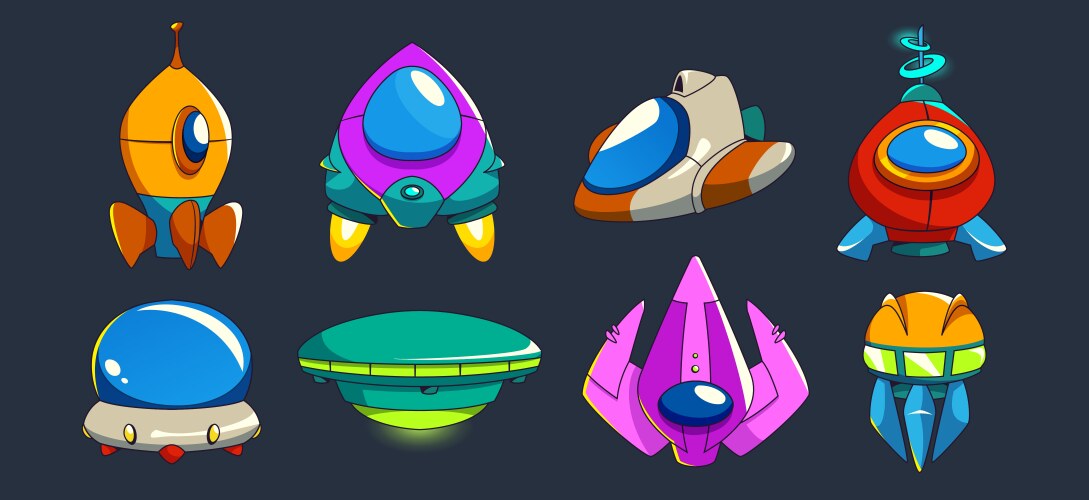 Set of cartoon spaceships and rockets Royalty Free Vector