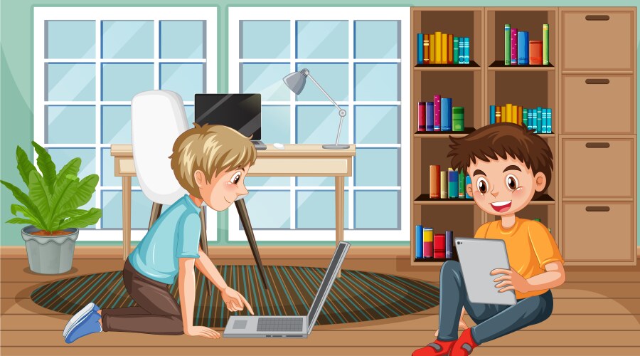 Children using technology devices at home Vector Image