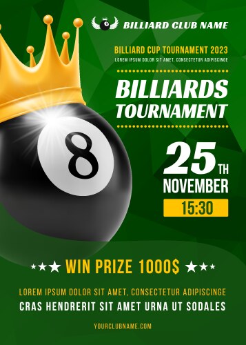 Pool billiards tourney poster Royalty Free Vector Image