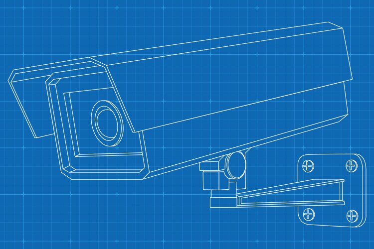 Cctv security camera outline drawing on blueprint Vector Image