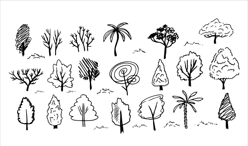 Tree drawing set doodle contour oak Royalty Free Vector