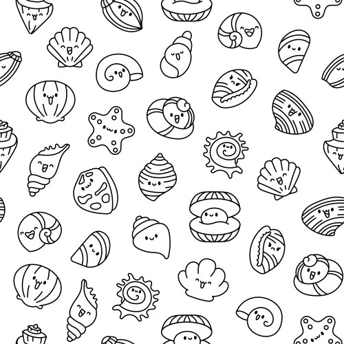 Cute kawaii sea shell seamless pattern coloring Vector Image