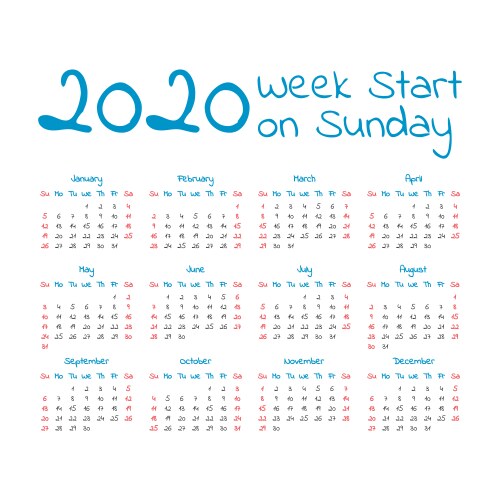 Simple 2020 year calendar Royalty Free Vector Image Simple 2020 year calendar Royalty Free Vector Image